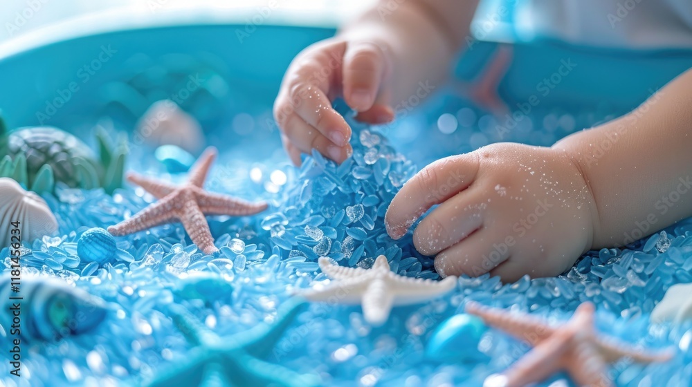Child's hands playing with beach-themed sensory bin filled with blue ...