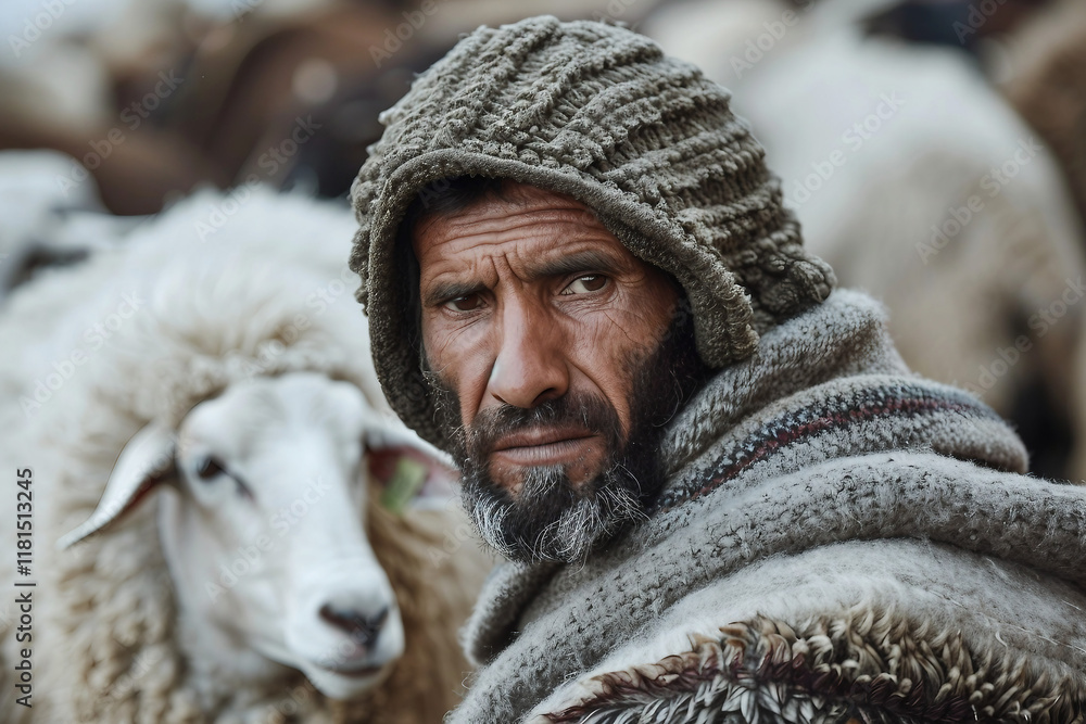 Shepherd with his staff guiding his flock of sheep across the tranquil ...