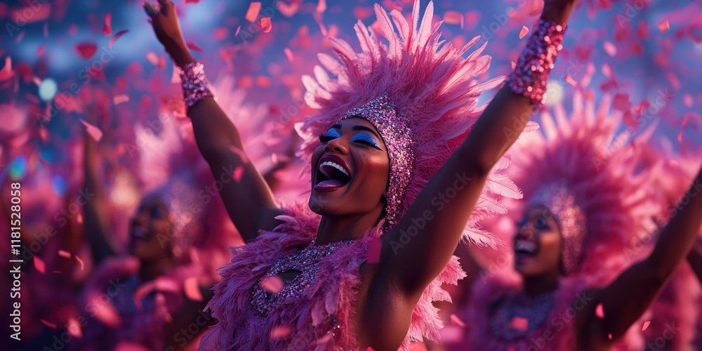 Festival, confetti and portrait of women in Brazil with costume ...