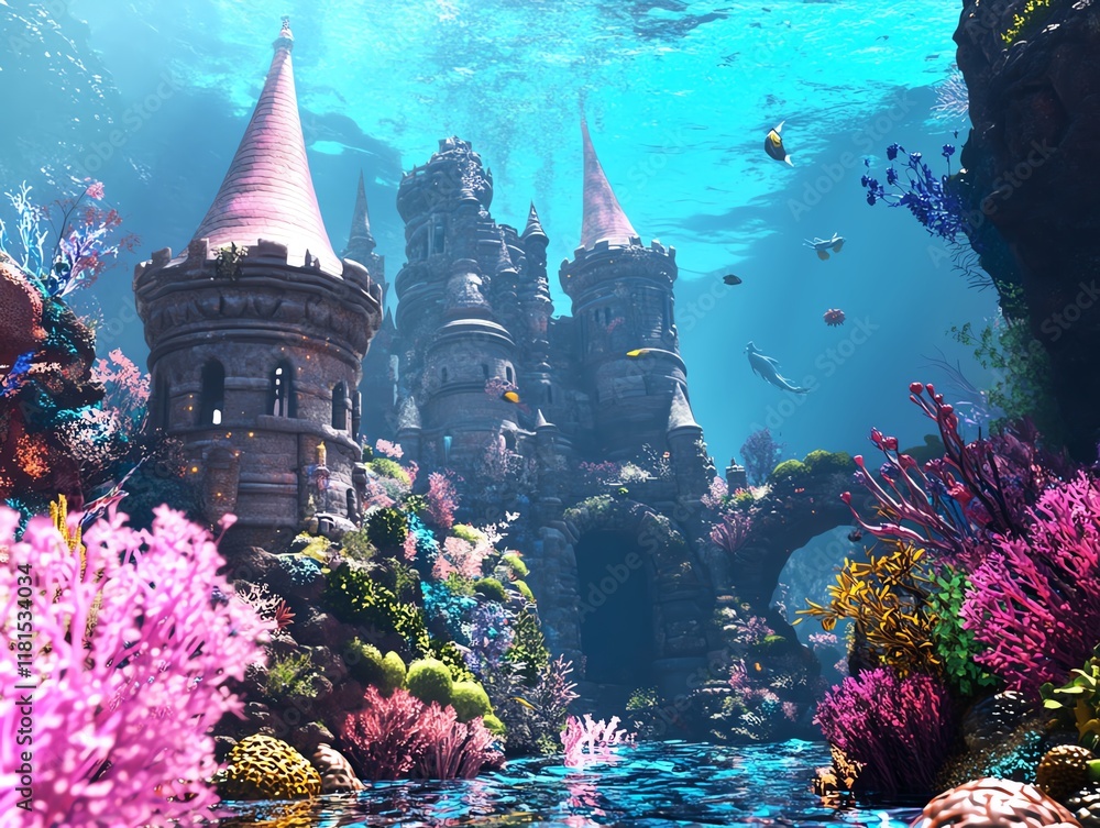 Enchanted underwater castle nestled amongst vibrant coral reefs and ...