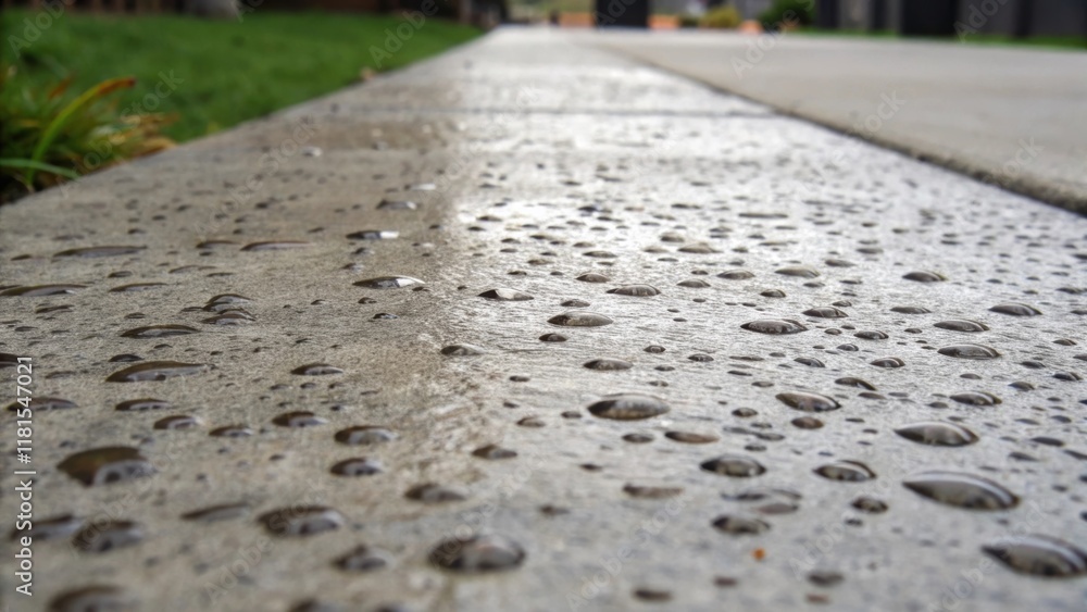 A detailed view of a precast walkways surface after a recent rain ...