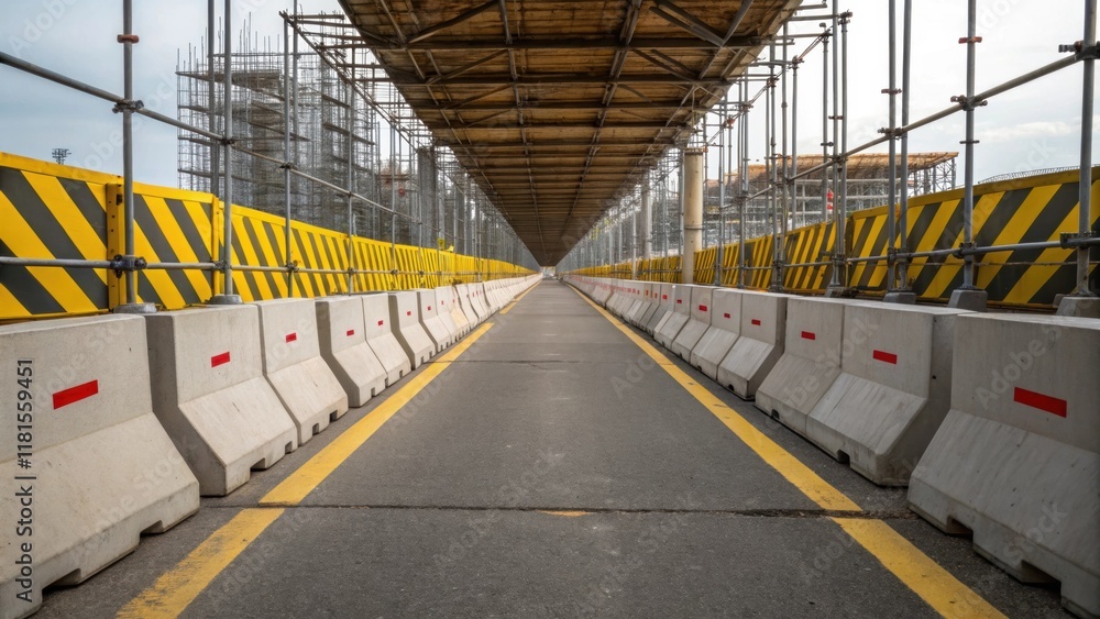 A perspective shot of concrete barriers p strategically for safety ...