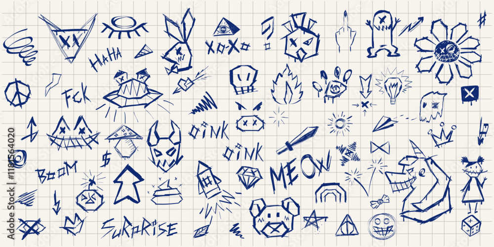 Notebook page pen and markers doodles set. Collection of abstract ...