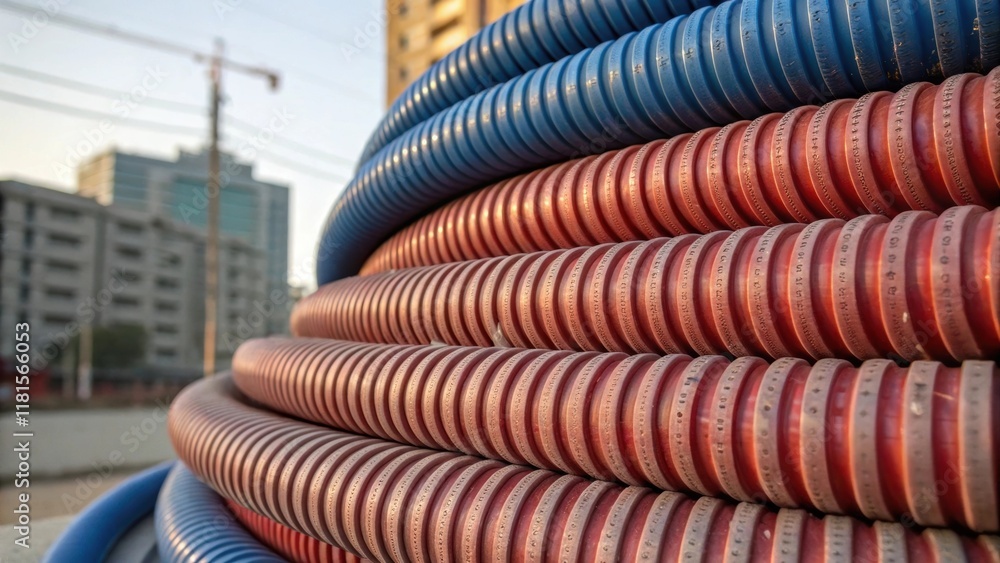 The close focus on a stack of flexible conduit coils reveals small ...