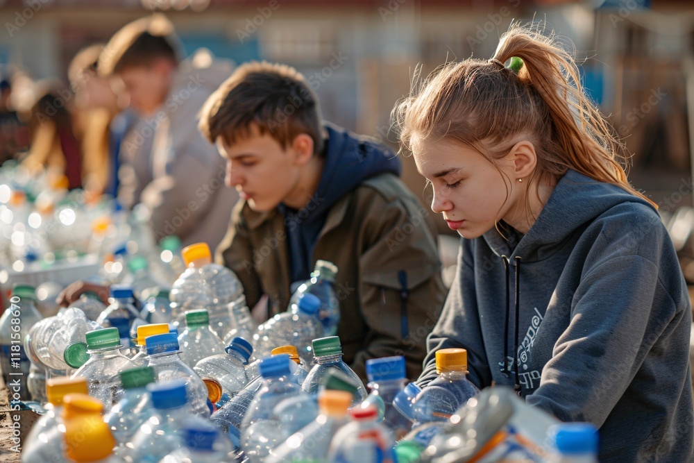 Group of young volunteers focus on sorting plastic bottles during an ...