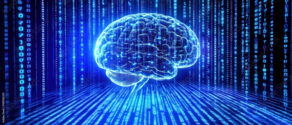 Glowing brain hologram with binary coding on blue backdrop. Programming, machine learning and ...