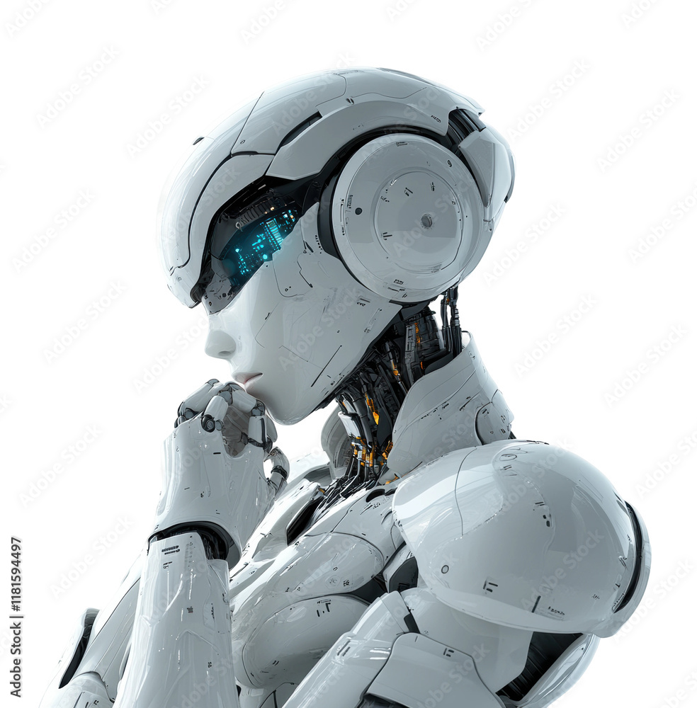 Futuristic female robot in thoughtful pose, detailed cybernetic components, white sleek design ...