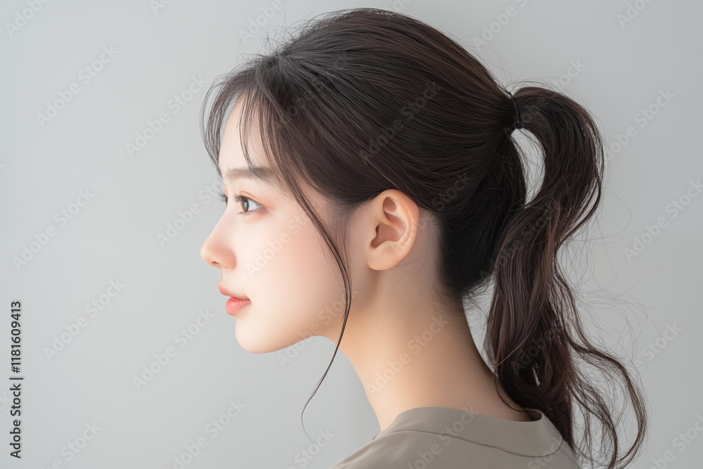 Beautiful young japanese woman with ponytail in side profile portrait ...