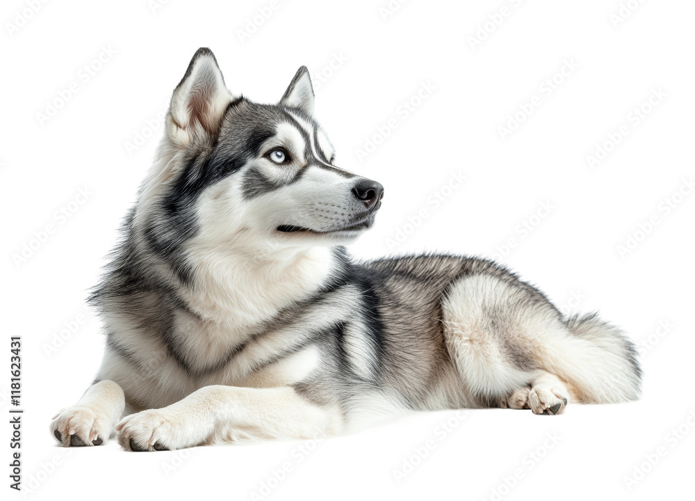 Siberian husky dog lying down, fluffy thick fur coat and striking blue ...