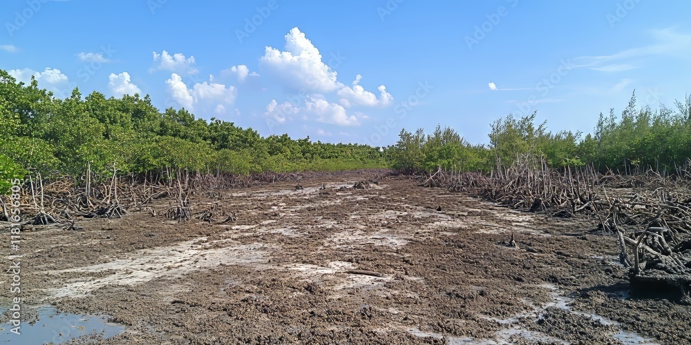 An area of mangrove forest land is left barren following tree cutting ...