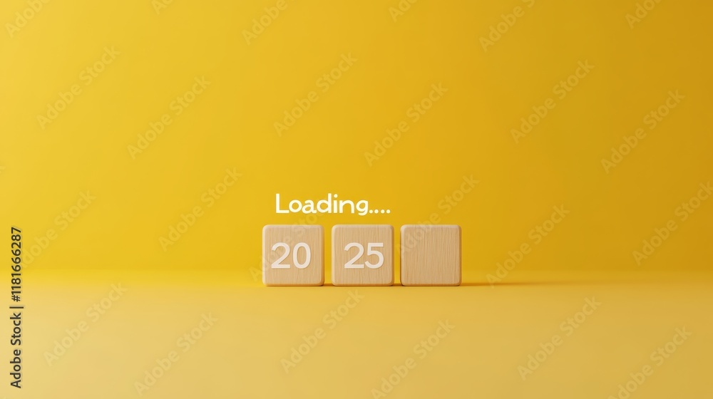 "Loading... 2025", minimalistic, yellow background, wooden blocks with ...