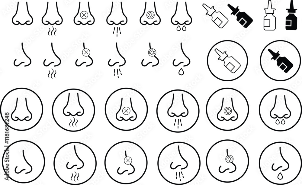 Nasal spray and nose icon set. Human nose with nostrils in profile ...