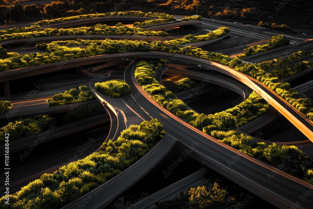 Elevated highway interchange with lush green vegetation integrated into ...