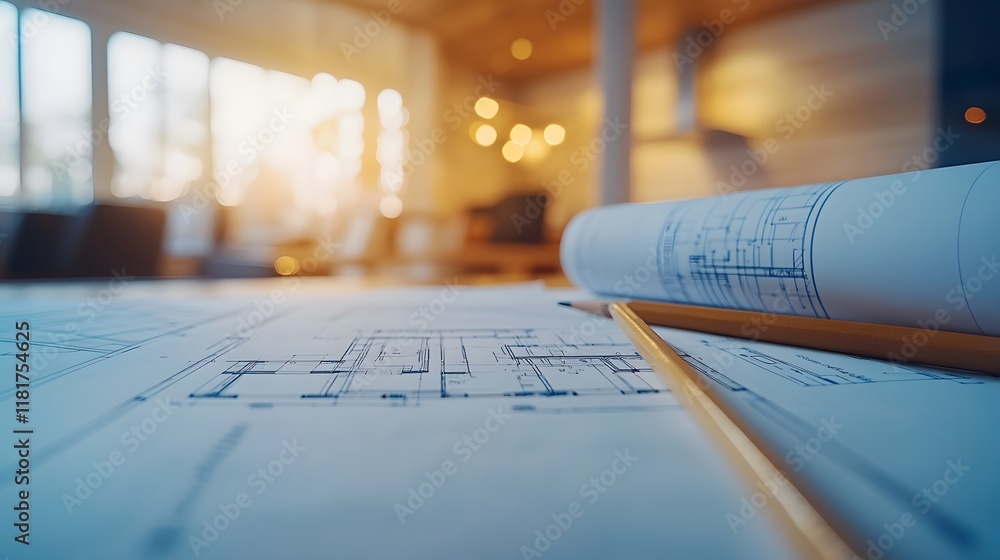 Technical architectural blueprints and drafting tools lay arranged ...