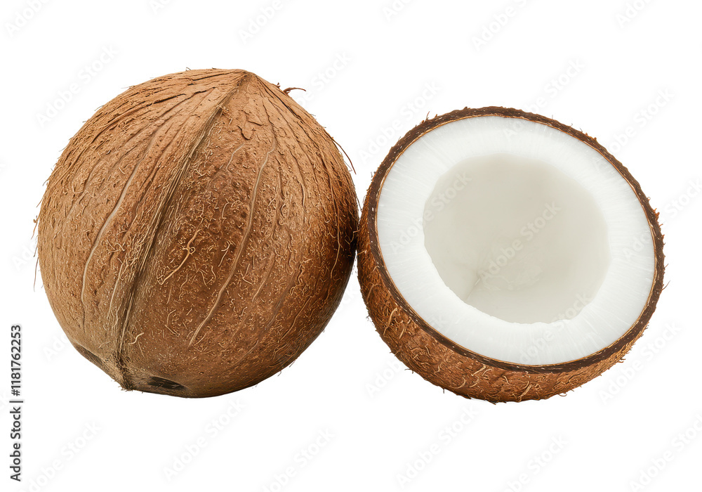 A whole coconut and a half revealing the white interior, isolated on ...