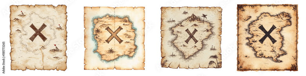 Vintage treasure map with X marking the location on weathered parchment ...