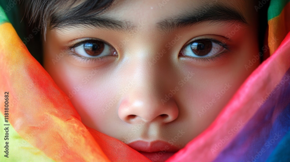 Portrait of a young asian transgender teen under a colorful flag ...
