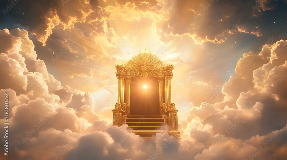 Animation of majestic golden throne of god in heaven in the sky ...