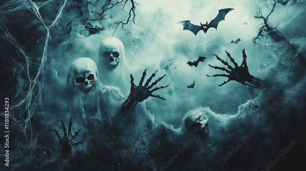 Halloween realistic ghosts and skeleton hands. Vector background with ...