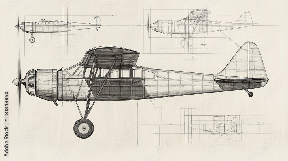 Outline plane aircraft blueprint or airplane design drawing, vector ...