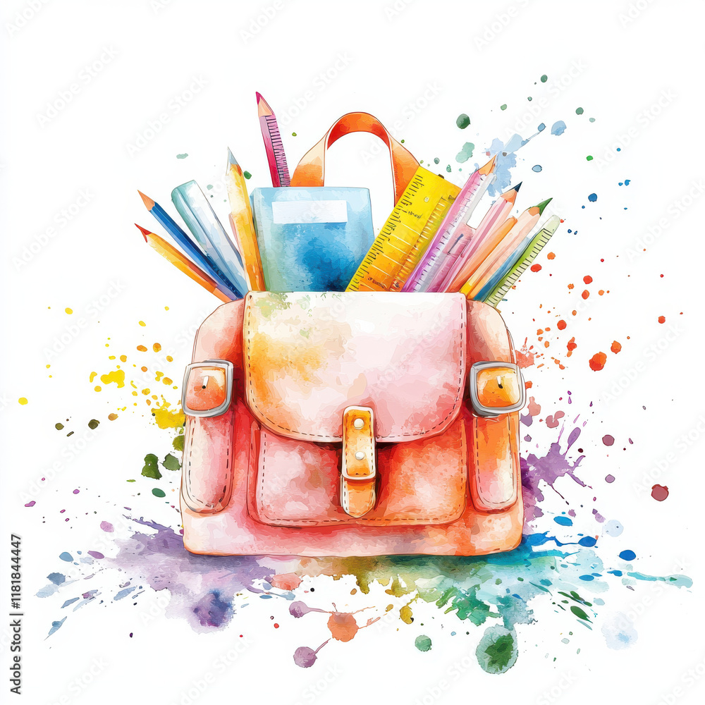 Colorful school supplies spill from backpack in watercolor art isolated ...