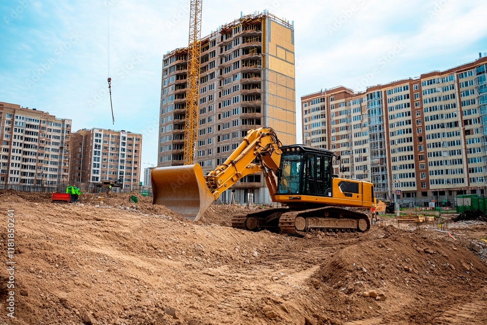Construction machinery works on a busy site surrounded by new ...