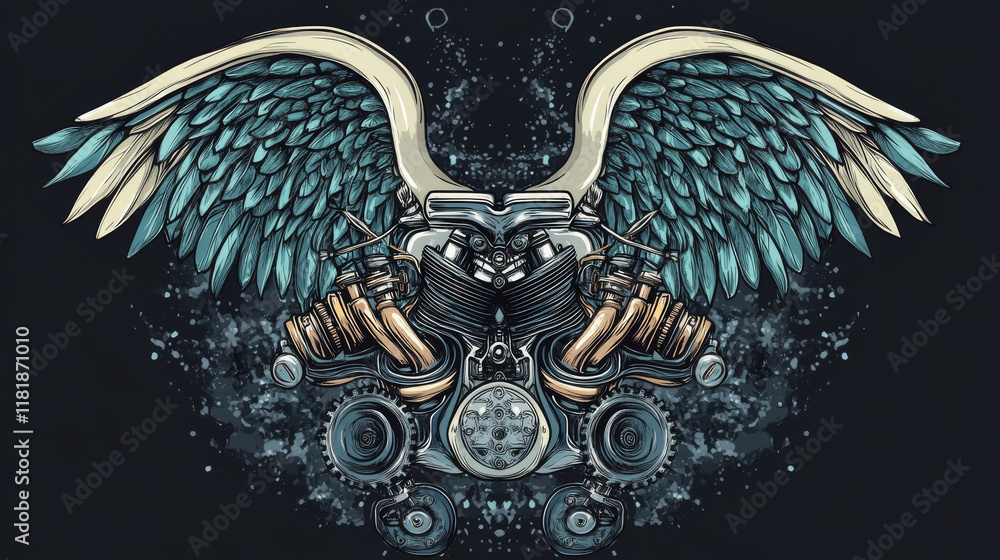 Winged tyre and pistons t-shirt vector print template. Crossed angel ...