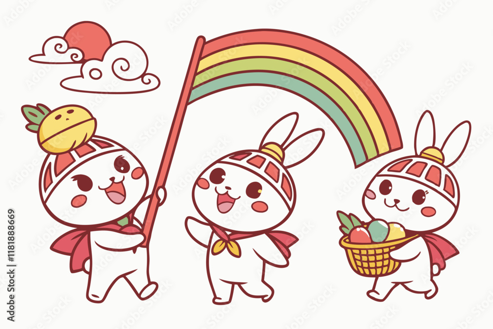 Cartoon Japanese deities, colorful chibi gods, cute Shinto kami ...