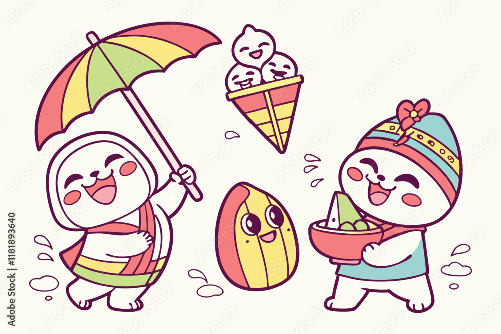 Cartoon Japanese deities, colorful chibi gods, cute Shinto kami ...