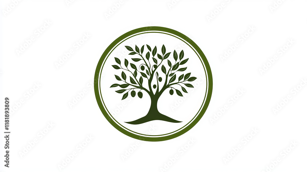 Olive tree icon for olive oil label, green plant leaf for organic food ...