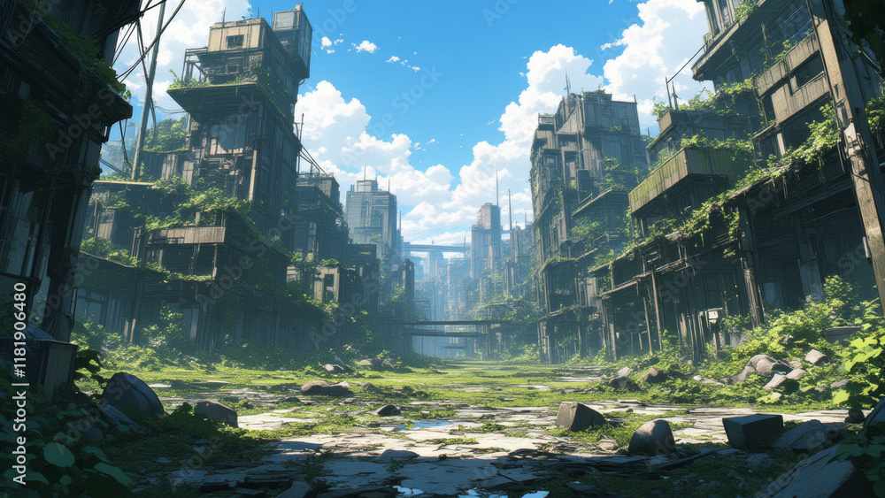 Anime sci-fi environment, a desolate, post-apocalyptic city with ...