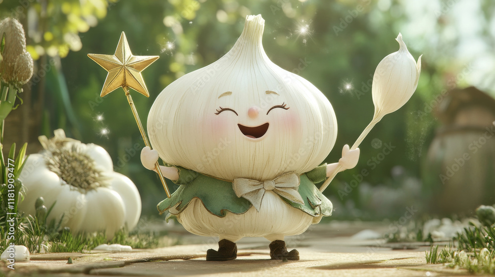 Cartoon Halloween garlic fairy character. Funny vector vegetable pixie ...