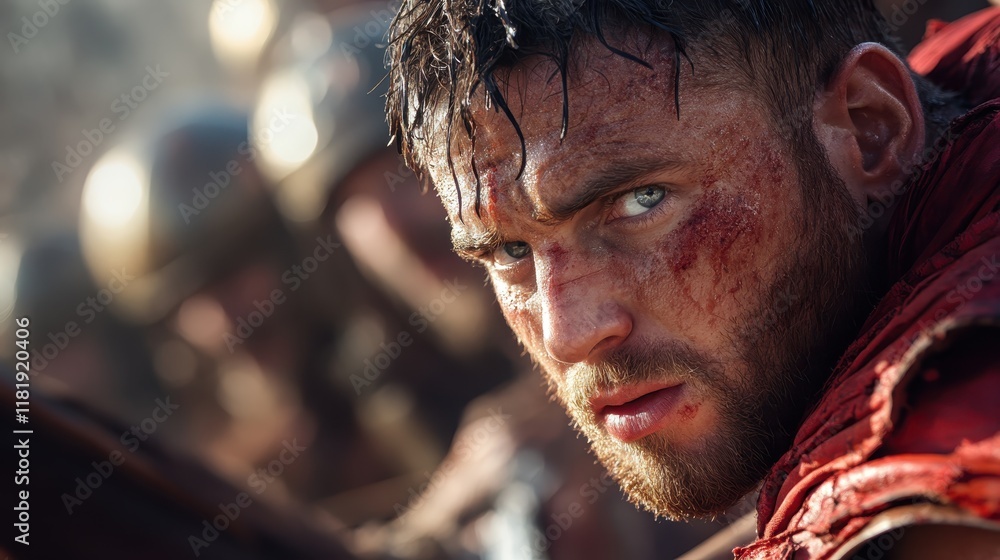 A battle-worn soldier, displaying fierce determination and a bloodied ...