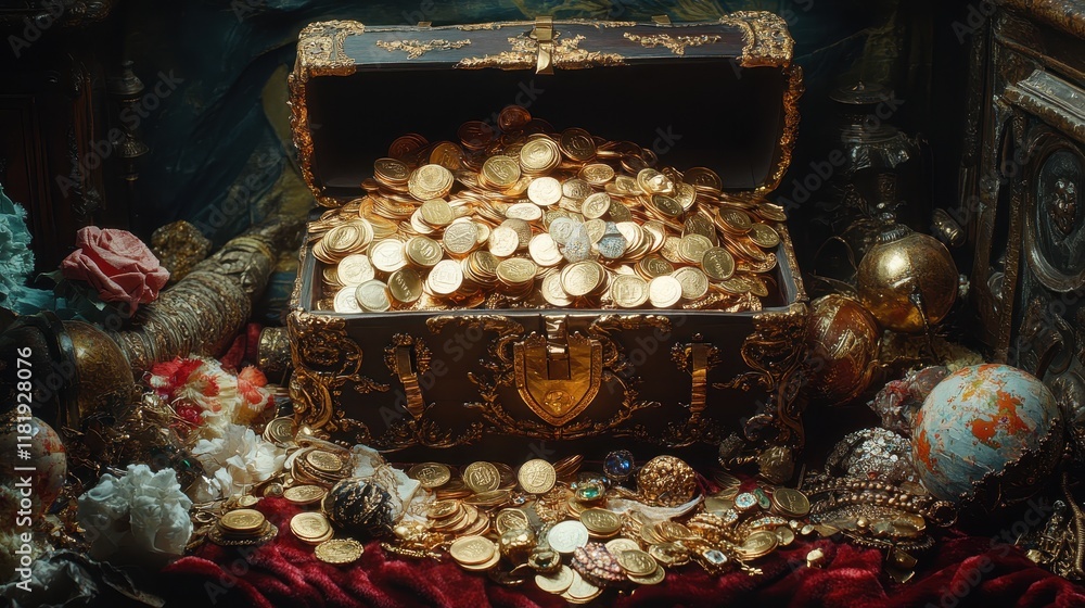 Overflowing Treasure Chest with Gold Coins and Jewels in a Luxurious ...