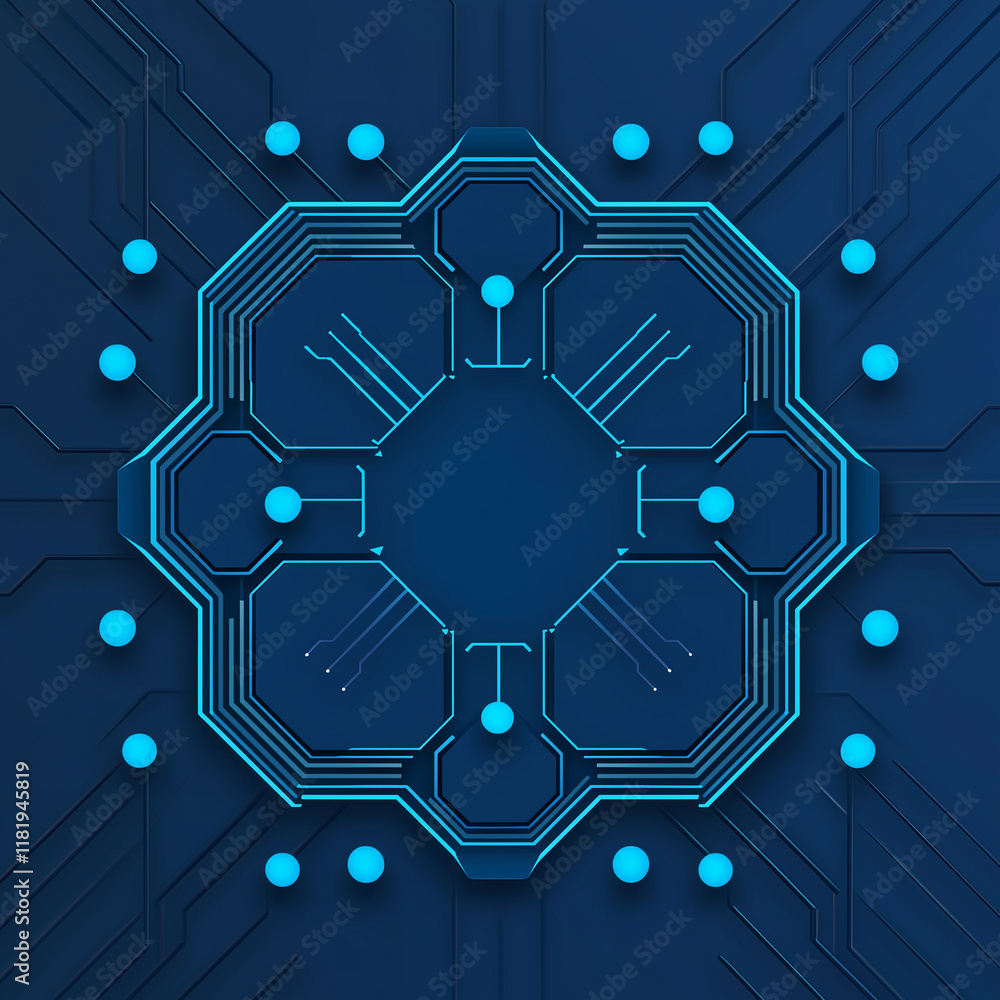Futuristic hexagonal tech hub design with blue accents and circuit patterns. This digital ...