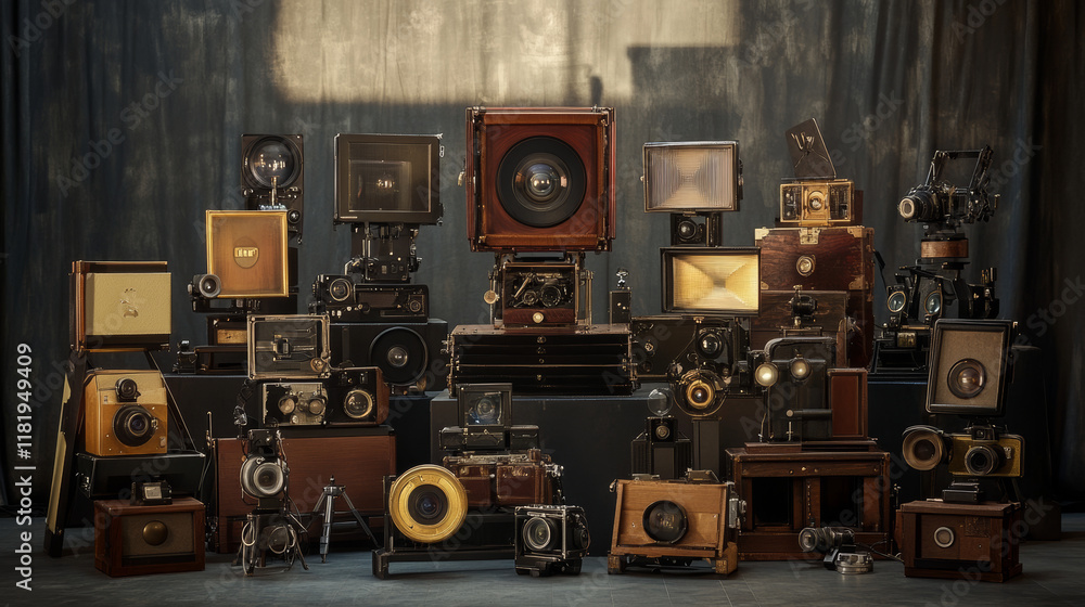 Cinema and movie industry, retro film production. Shooting camera and ...