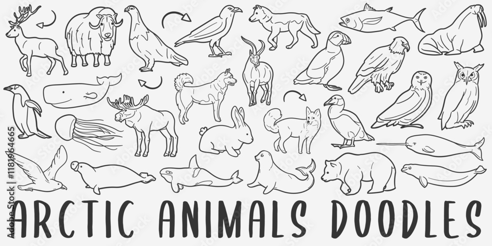 Arctic Animals Doodle Icons. Hand Made Line Art. Polar Clipart Logotype ...