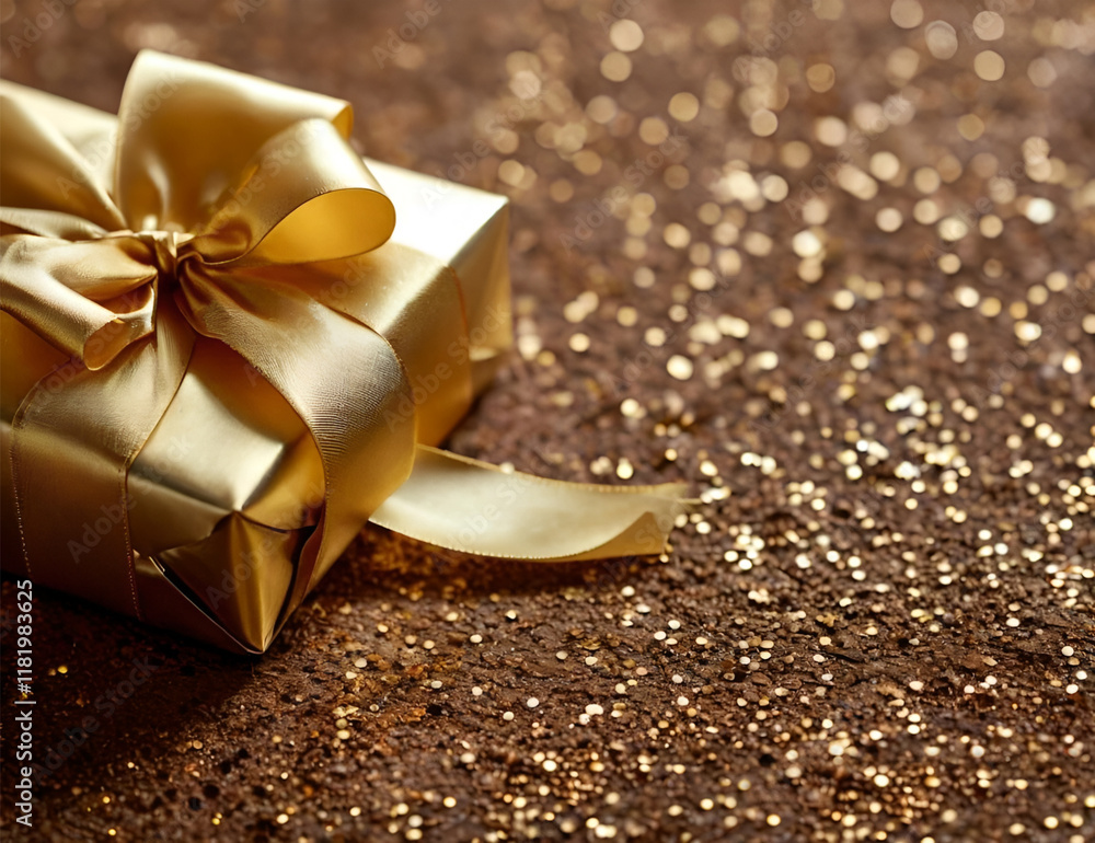 Gift wrapped in bronze paper with golden ribbons on a dark brown ...
