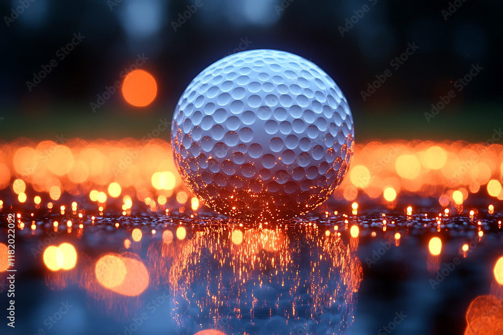 Glowing wireframe a white golf ball with a dimpled surface on a ...