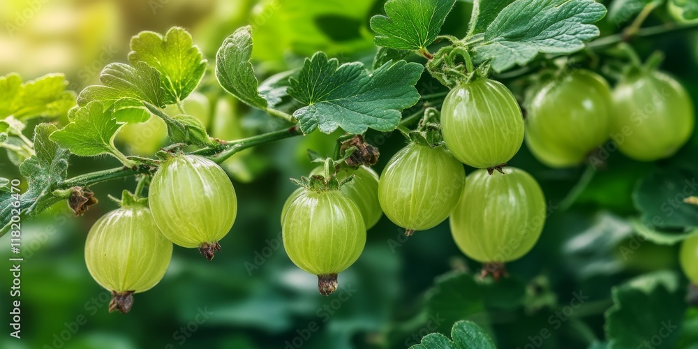 Fresh green gooseberries nestled on branches of a lush gooseberry bush ...
