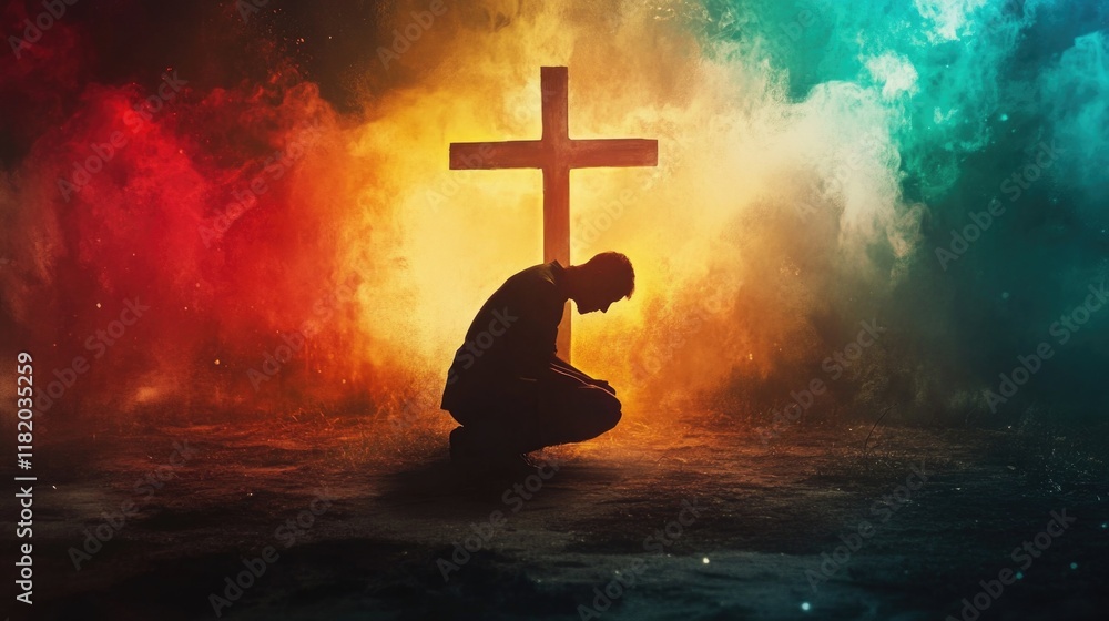 Man praying in front of the big christian cross on a colorful ...