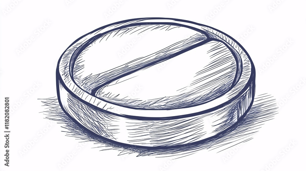 sketch of a paracetamol tablet with subtle shading and texture ...
