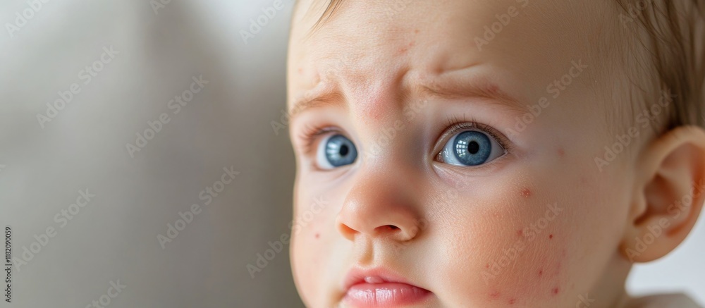 Candid close-up of distressed newborn baby boy with blue eyes ...