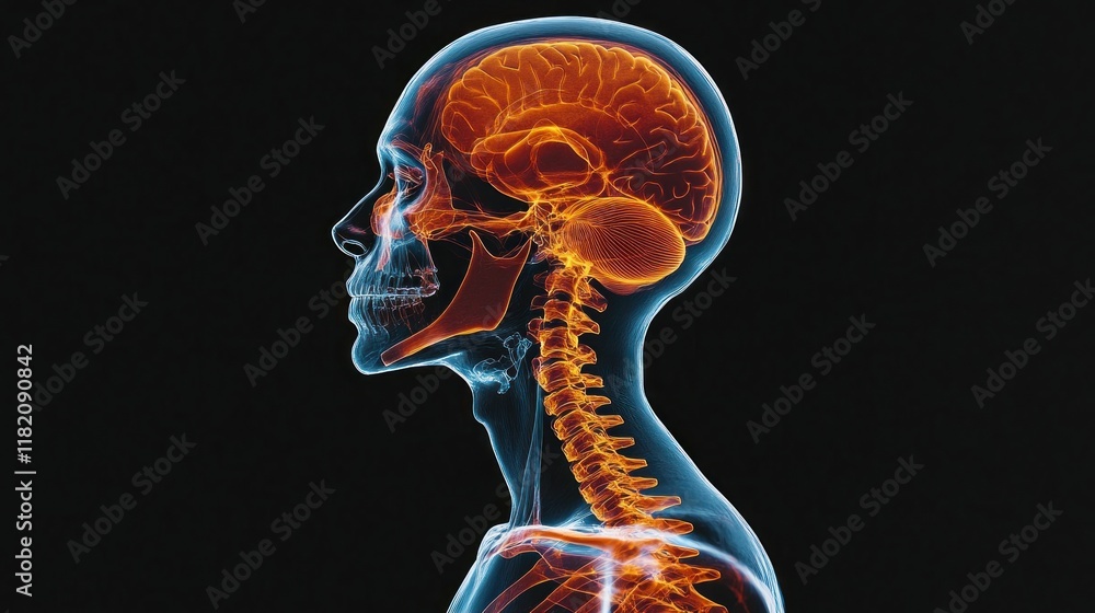 Human skull, brain, spine, anatomy, profile, 3D render, black ...