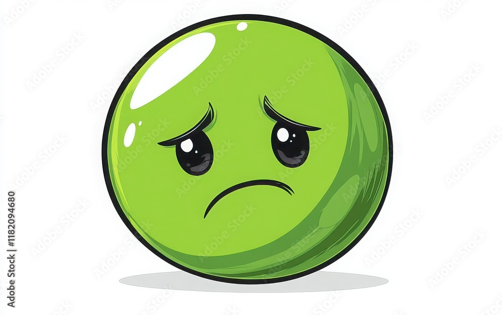 Vector-style sad green emoji, clip art, minimalist design, on a white ...
