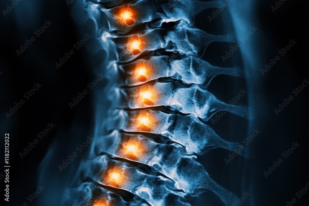 Lumbar spine X-ray, inflammation highlighted, dark background, medical ...