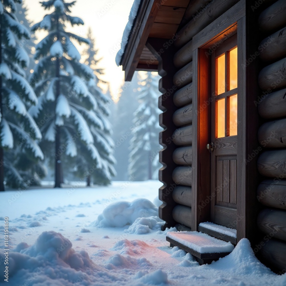 Smoke rising from a cabin door with snowy forest background, frosty ...