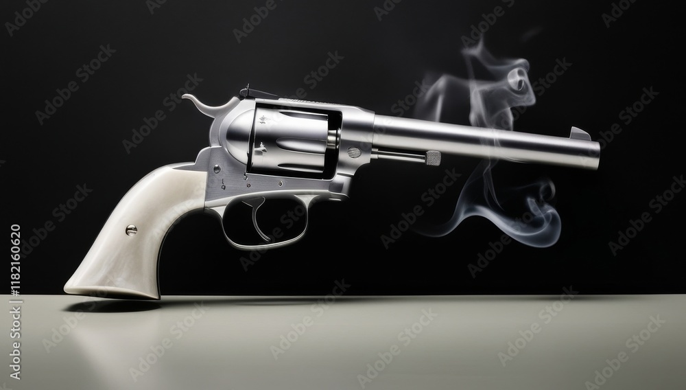 Silver revolver pistol with smoke on a dark background. Classic weapon ...