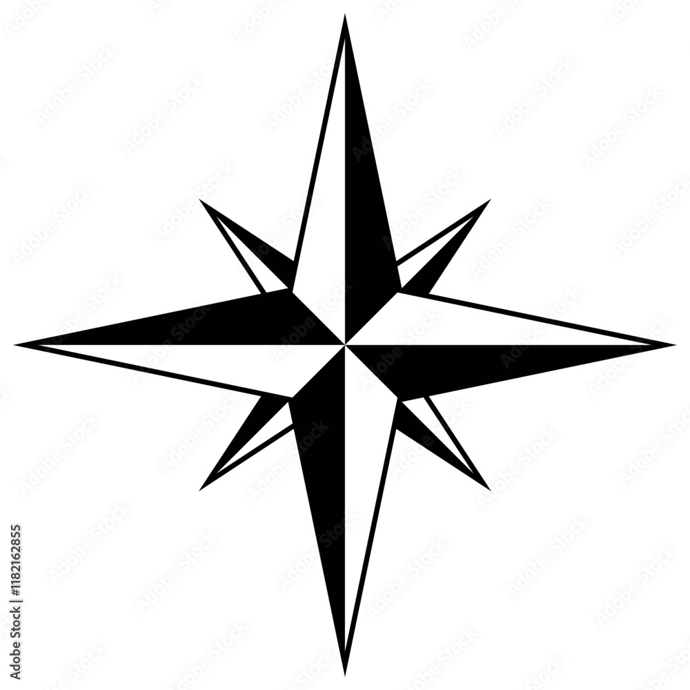 Compass rose symbol, black and white vector star shape illustration of ...