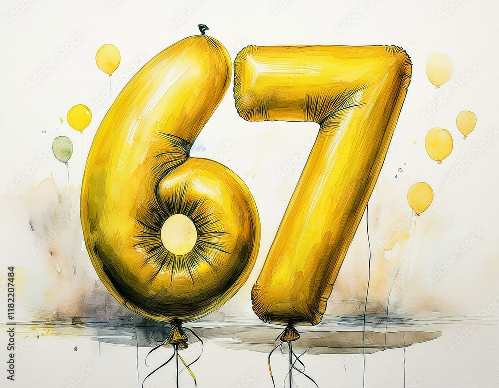 Yellow birthday / anniversary balloon, number 67, watercolor painting ...